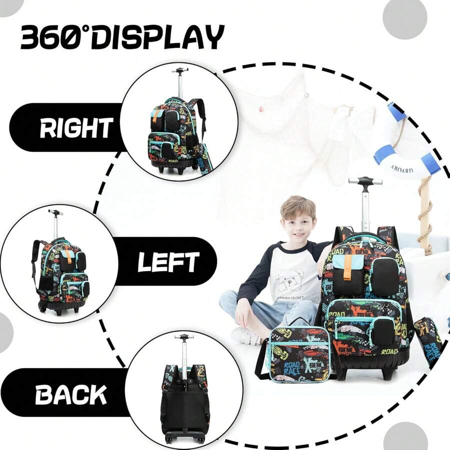 3PCS Boys Multi Pocket Foldable Rolling Backpack Large Chassis Trolley ...