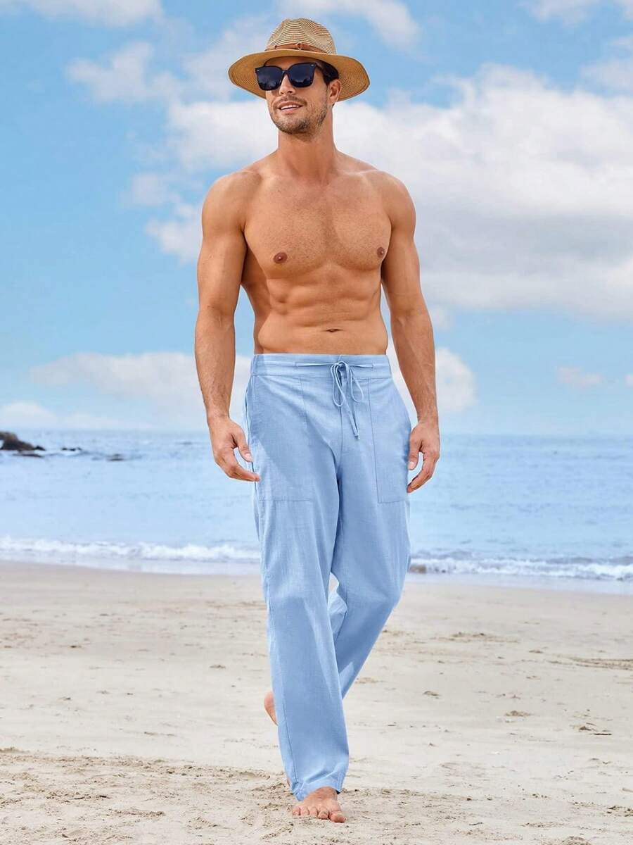Runcati Mens Casual Linen Pants Fit Loose Elastic Drawstring Waist ...