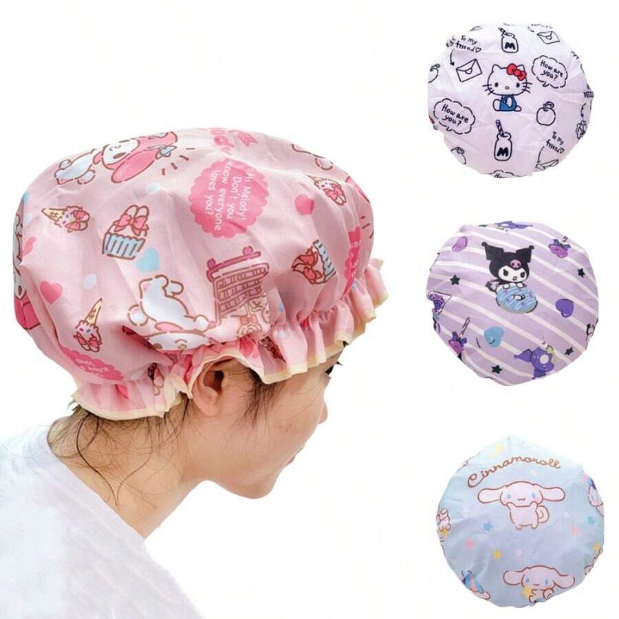 Sanrio 1pc Cute Hello Kittyes Heart Kuromi Double-Layer Shower Cap ...