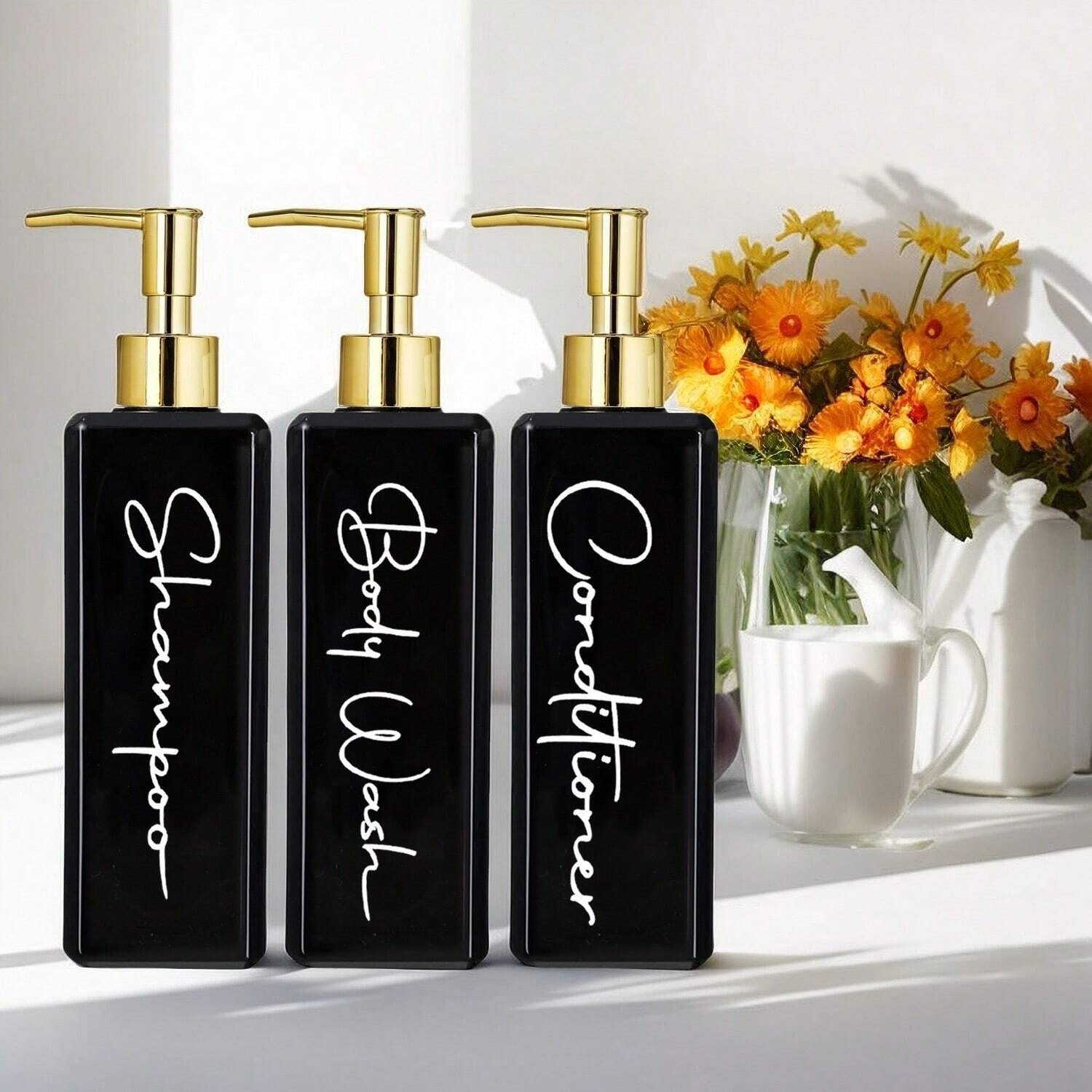 16.9oz Set Of 3 Modern Gold Design Pump Bottle, Refillable Shampoo And ...