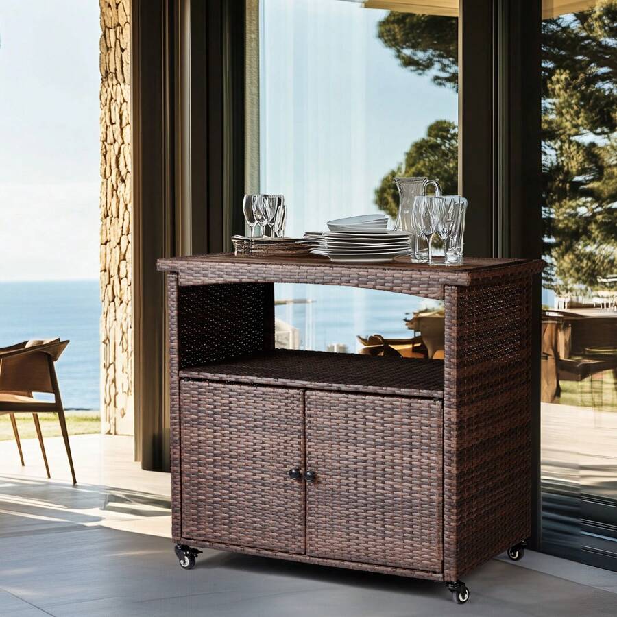 Outdoor Bar Cart With Storage Cabinet, Patio Wicker Sideboard Buffet ...