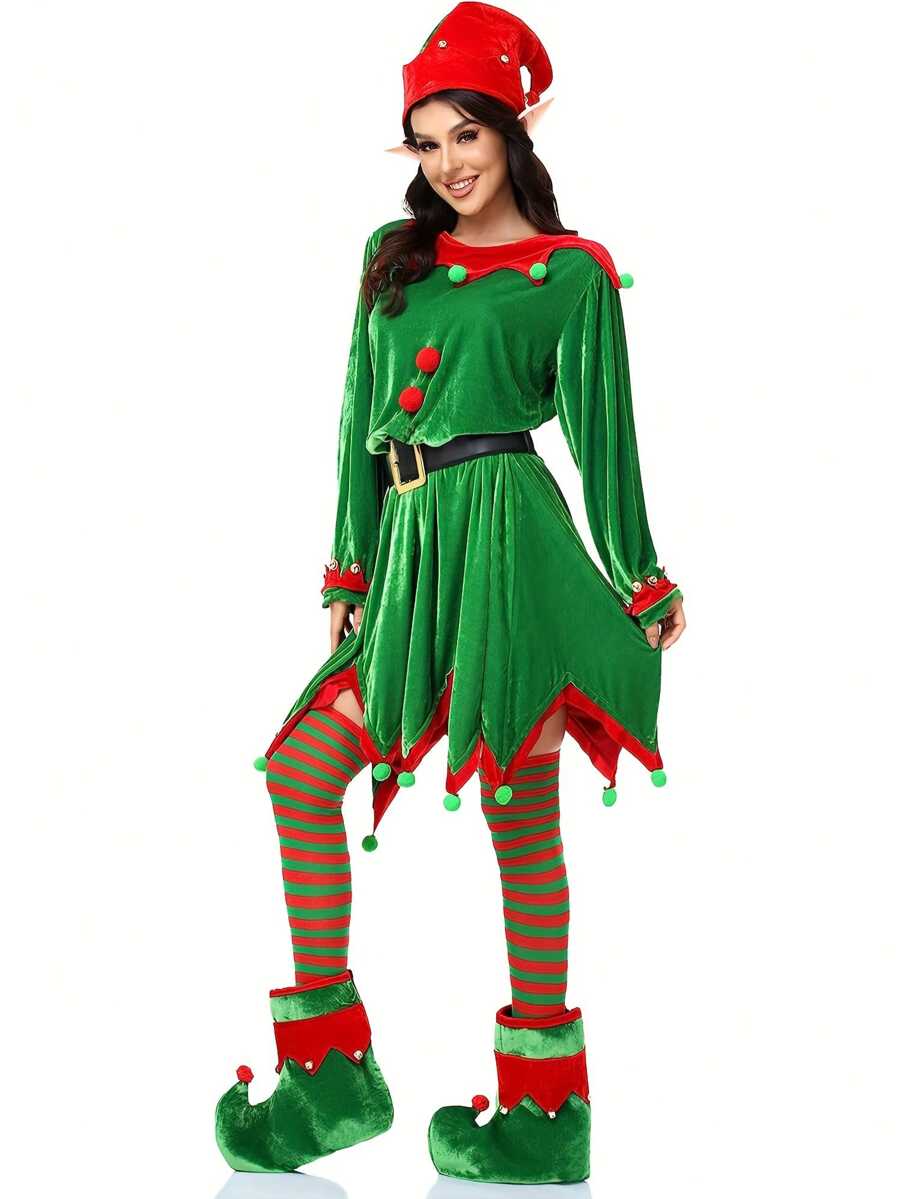 Women Girl Elf Outfits Christmas Hat Boot Belt Dress Stocking Costume ...