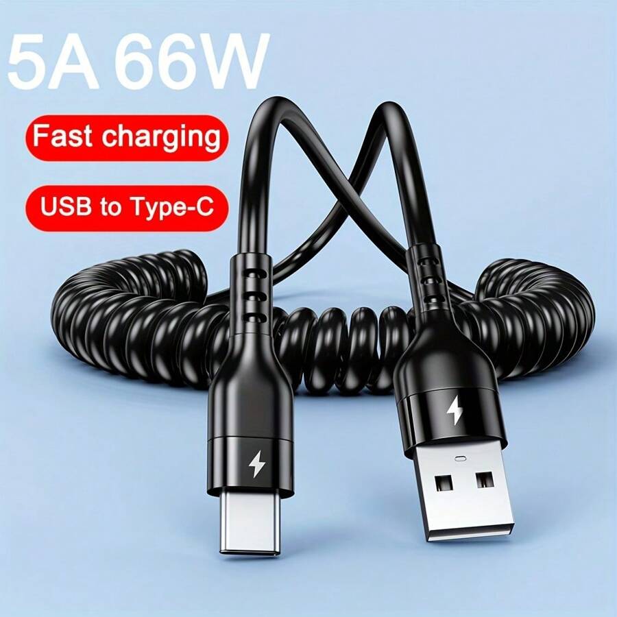 66W 5A USB To Type C Cable Fast Charging Spring Pull Telescopic Cord ...