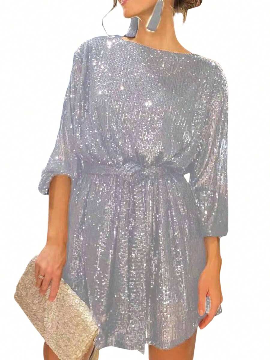 Women's Sequin Party Dress, Sparkle Long Sleeve Round Neck Short Cocktail Dress With Belt for ...