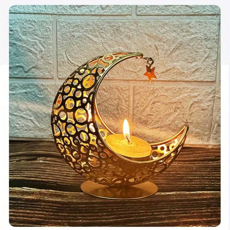 Moon Shaped Candle Holder, Holiday Metal Moon & Star Candle Stand ...