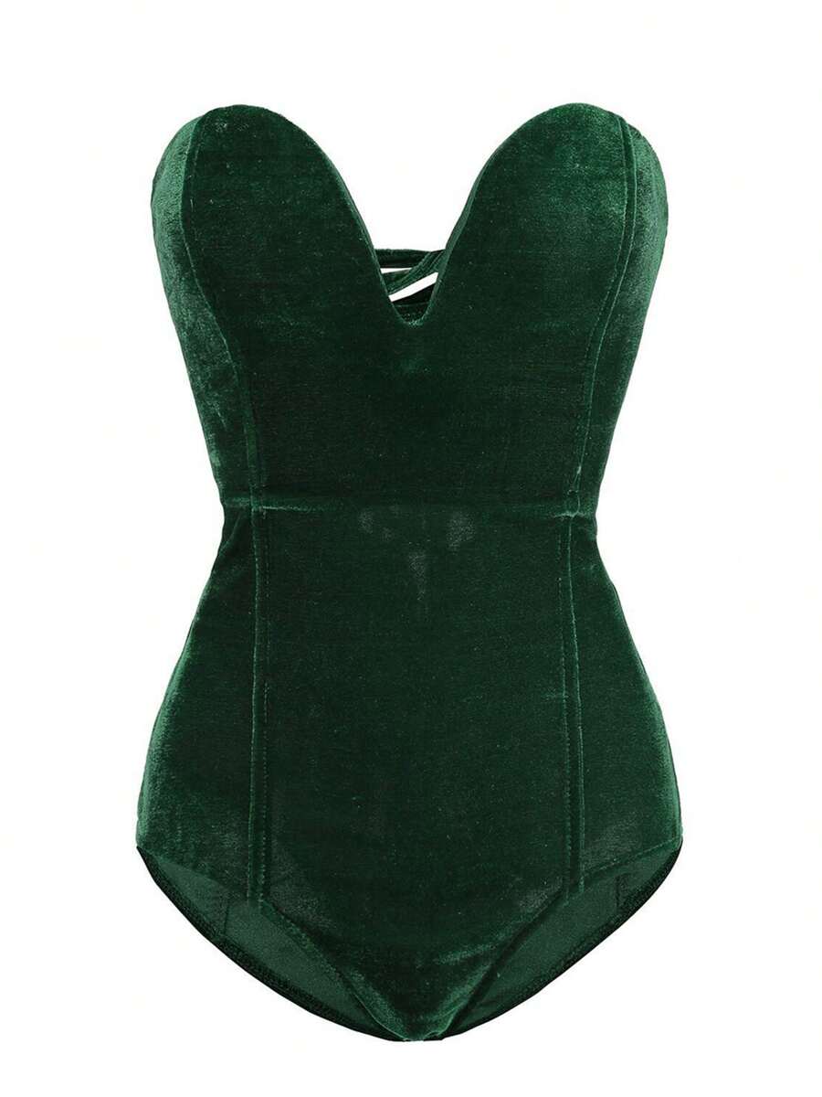 Women's Strapless Bodysuit, Sexy Deep V Neck Cross Back Velvet Bodycon ...