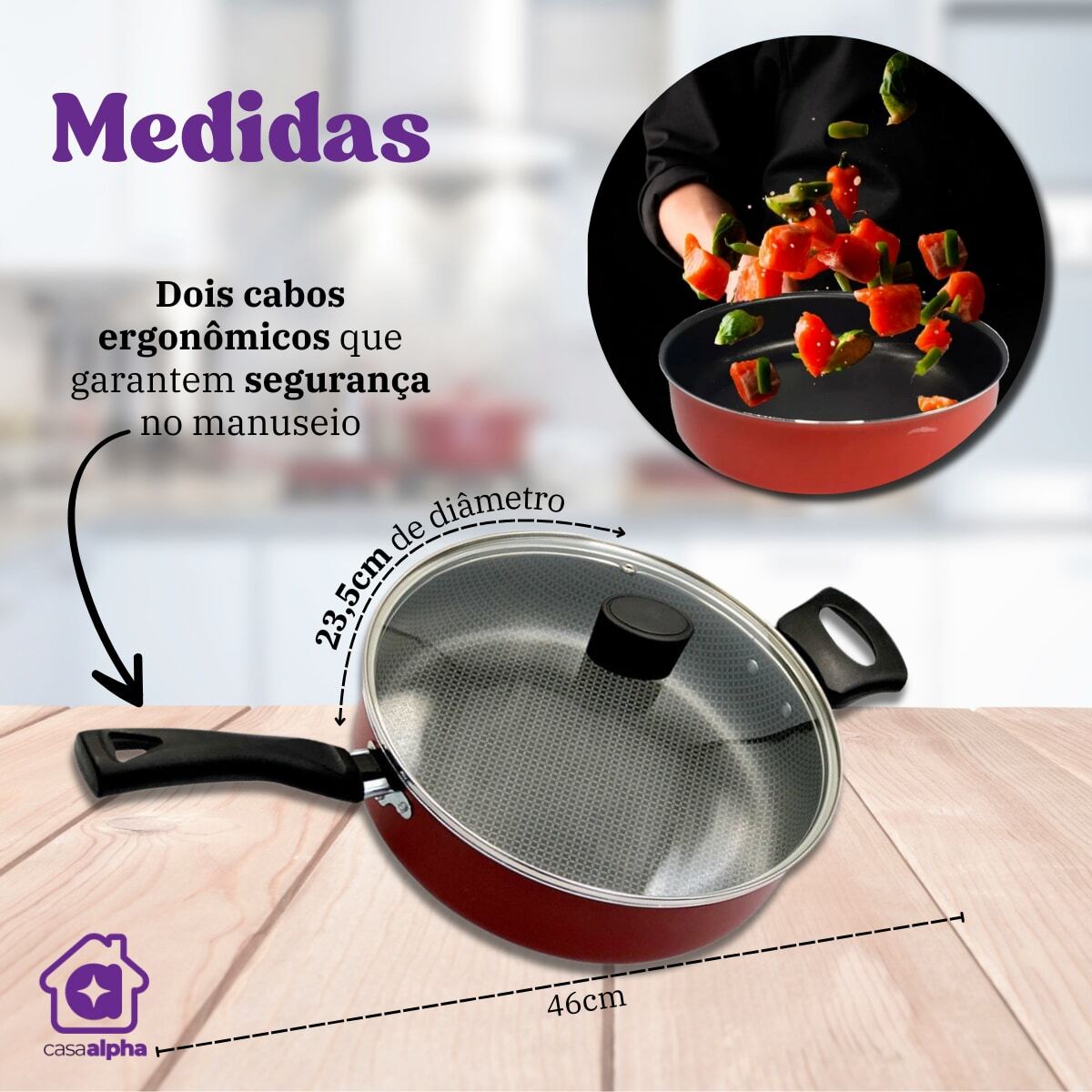 Frying Pan With Glass Lid And Handle 24cm Non-Stick Red For Frying ...