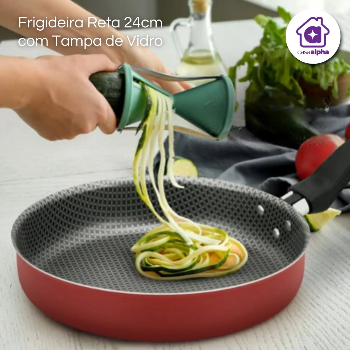 Frying Pan With Glass Lid And Handle 24cm Non-Stick Red For Frying ...