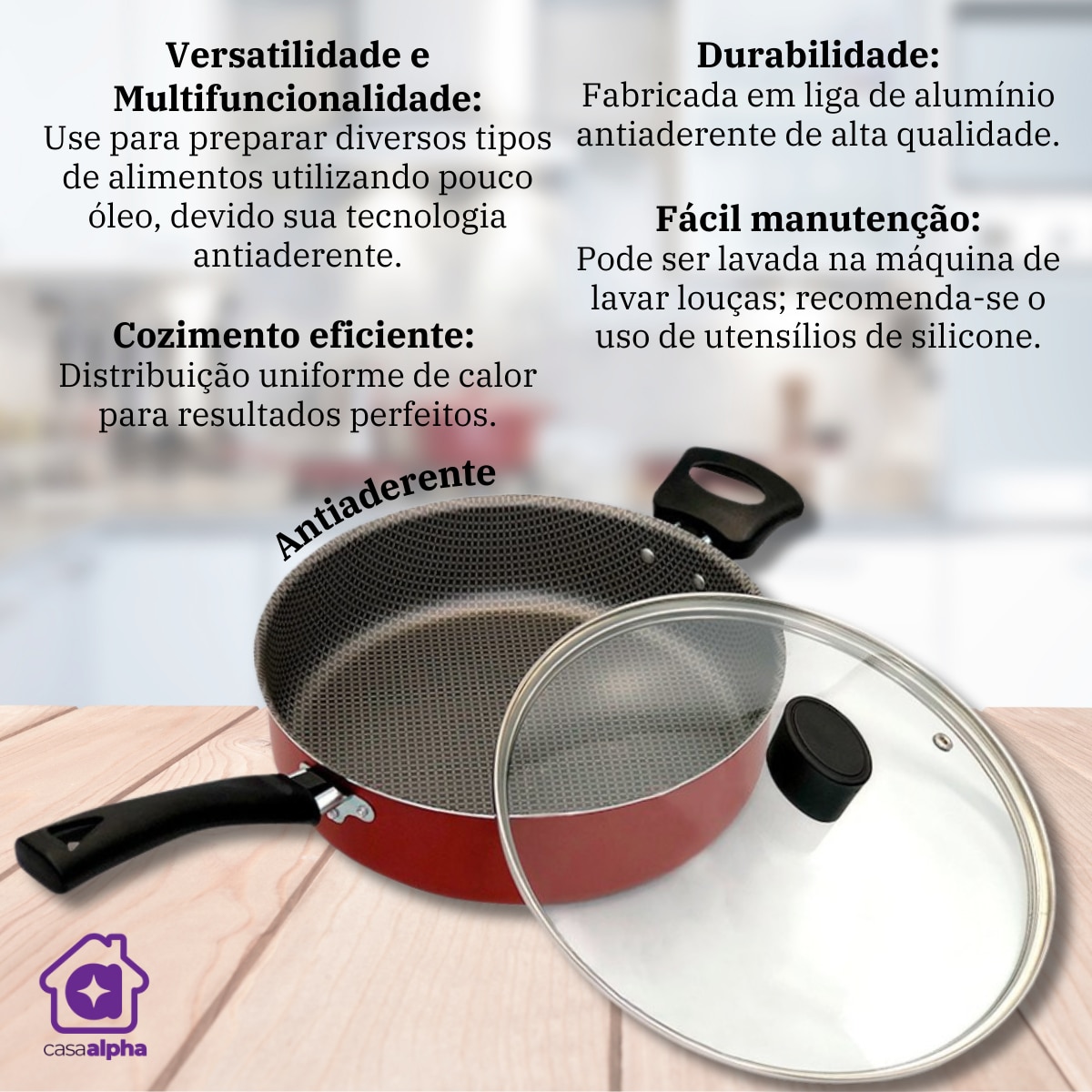 Frying Pan With Glass Lid And Handle 24cm Non-Stick Red For Frying ...