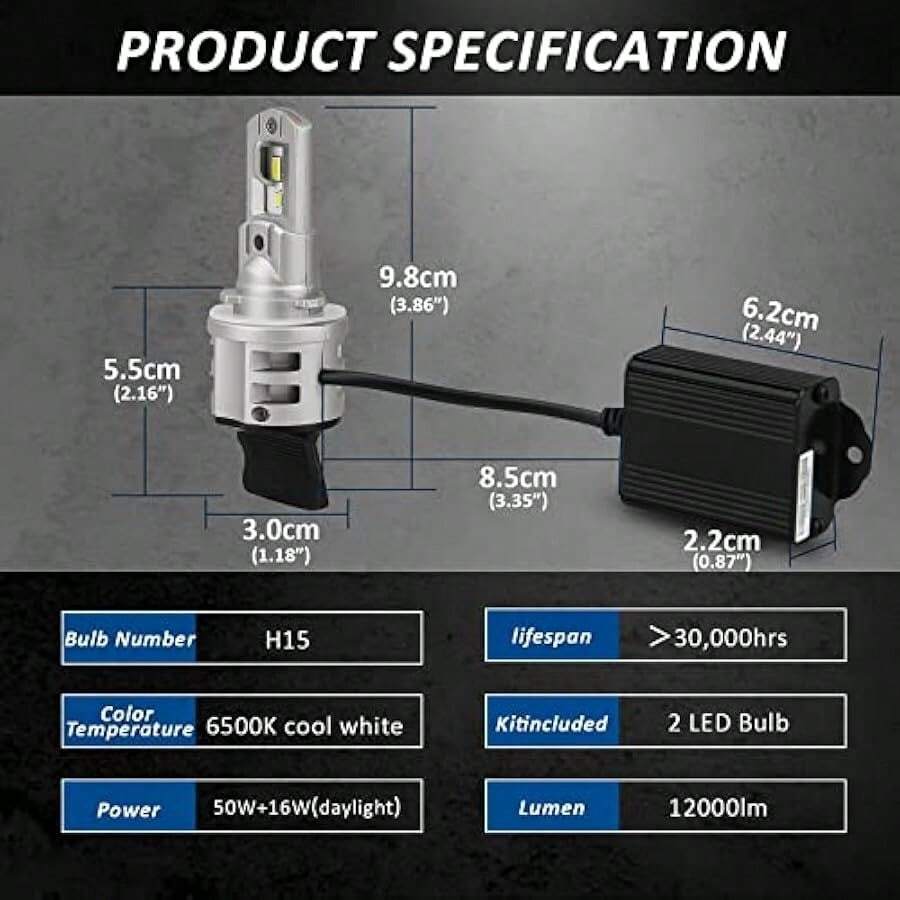 H15 LED Headlight Bulb 50W +16W Daylight Extra 10W Decoder 12000LM Canbus Compatible Auto Car ...