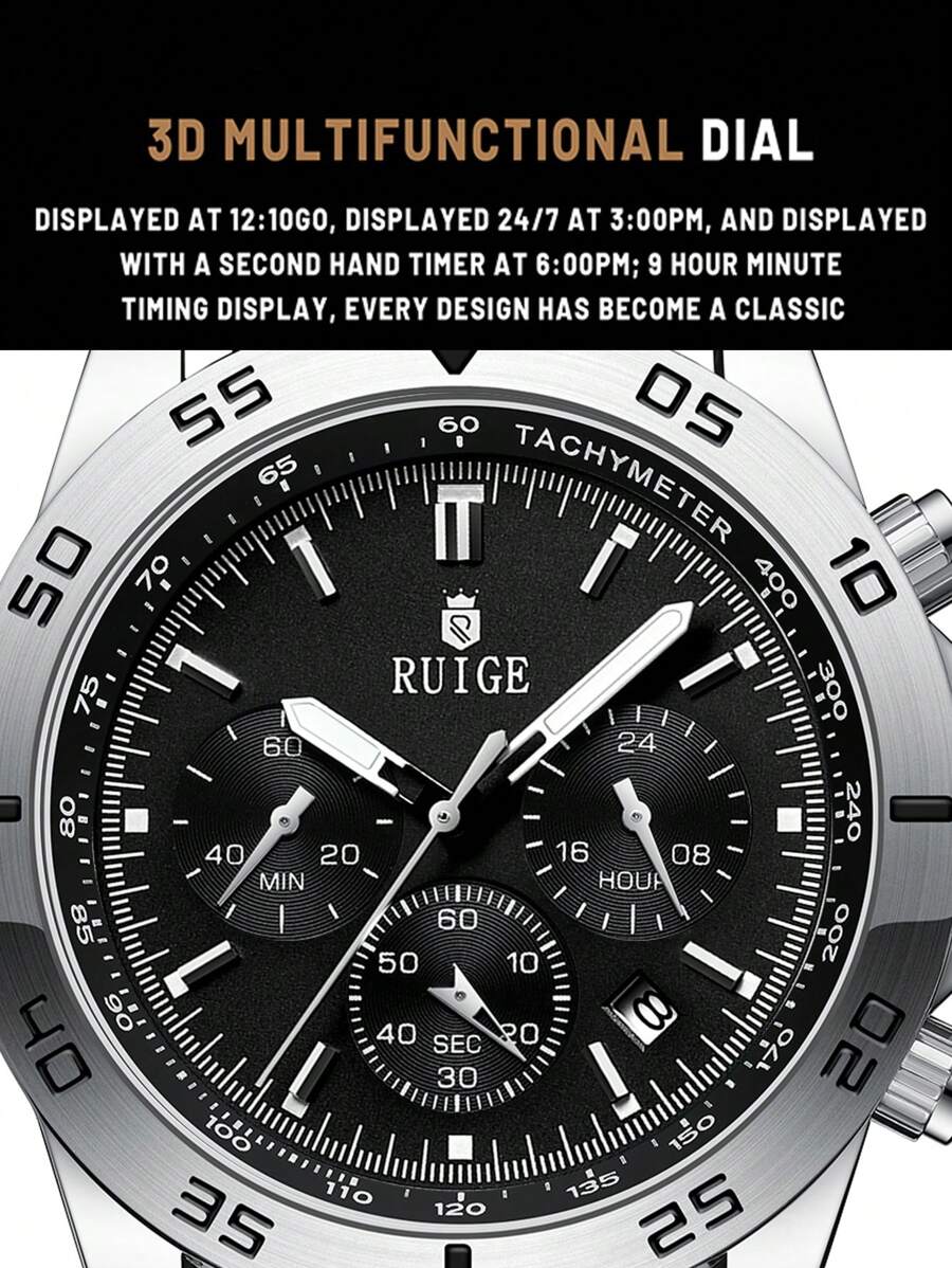 RUIG Reloj deportivo casual de acero inoxidable con multifunciones y ...