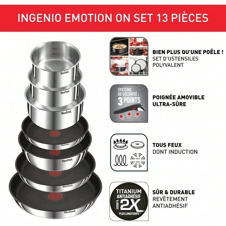 Tefal Ingenio Emotion L897ds04 13-Piece Cookware Set, Stainless Steel, Stackable, Non-Stick ...