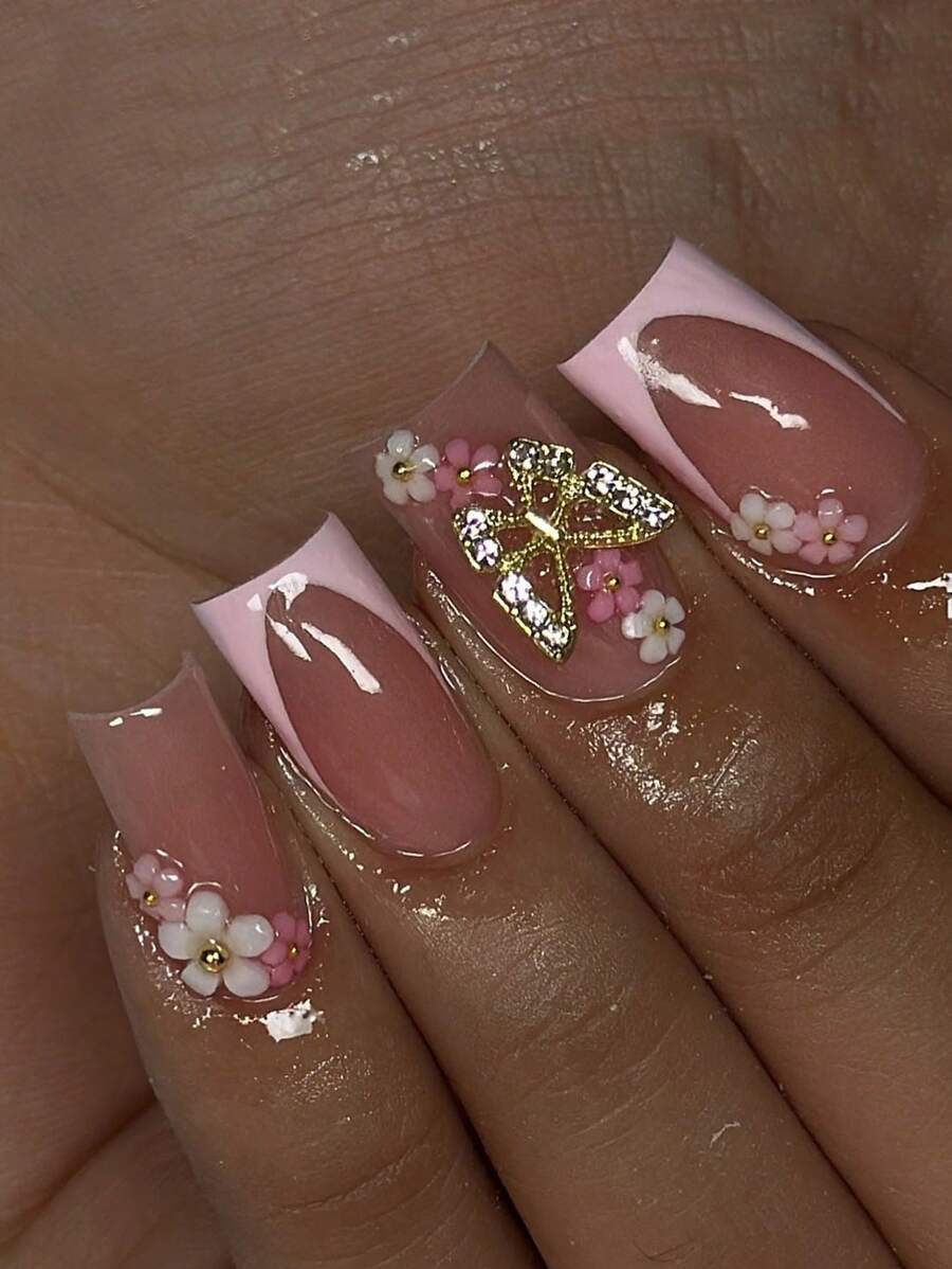 24pcs/Set Short Square Pink French Cubic Bow Flower With Rhinestones ...