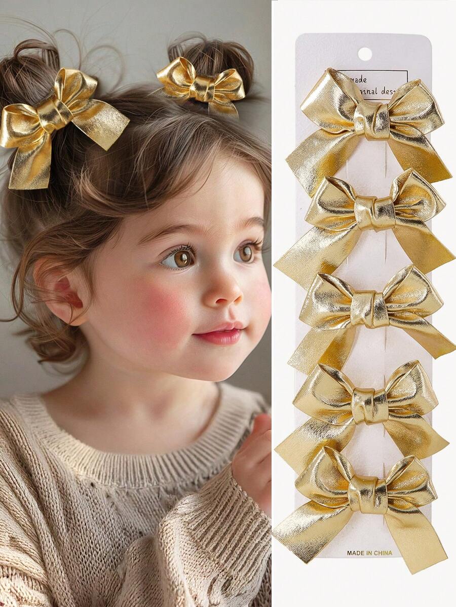 6pcs/Set Girls Metallic Gold Reflective Solid Bow Hair Clips, Shiny ...