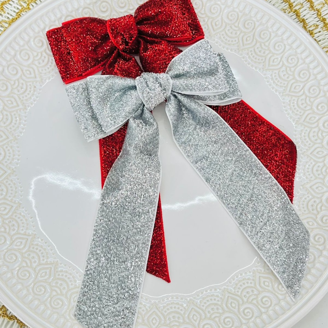 Kit 2 Bows / Luxury Bow With Tip / Trendy Bow / Red And Silver Shiny ...