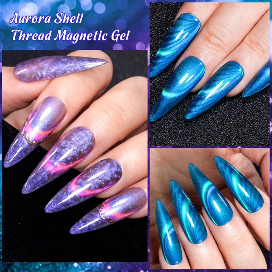 Aurora Shell Thread Cat Eye Gel Nail Polish , Blue Aurora Glitter ...