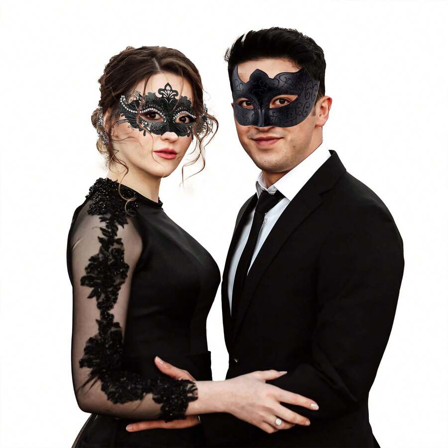 Couple Masquerade Mask - Shiny Metallic Filigree Rhinestone Venetian ...
