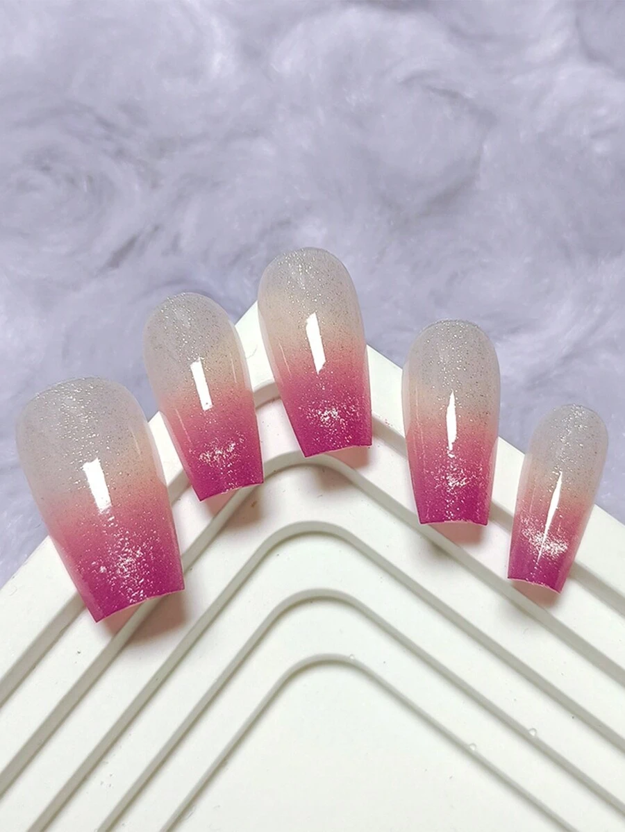 10pcs Short Ballet-Style False Nails, Ombre Pink Gradient Simple Ballet ...