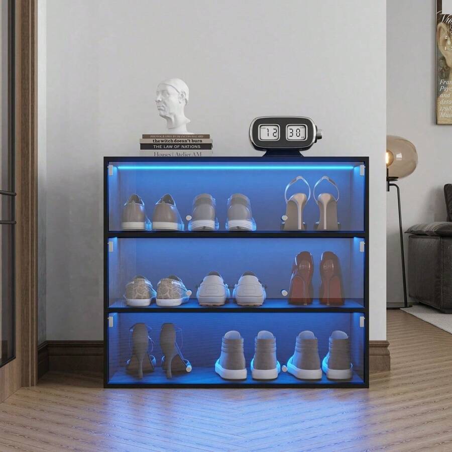 Goodsilo Black Glass LED Shoe Storage Cabinet With -Proof Sliding Doors ...