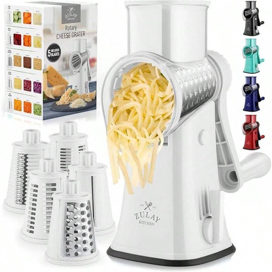 Zulay Rotary Cheese Grater With 5 Interchangeable Blades - Manual Hand ...