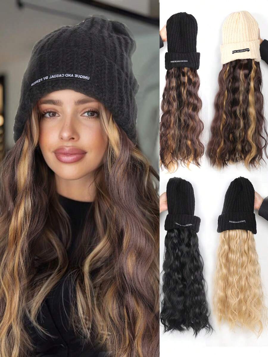 Women's Basic Water Ripple Curling Knitted Hat Wig High Temperature ...