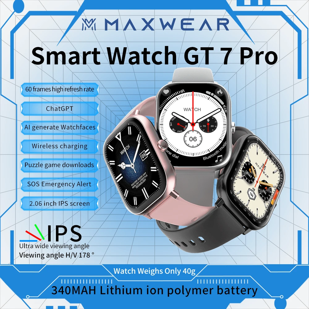 Maxwear GT7Pro Smartwatch 2.06 Inch Screen Sports Health Tracking GPS ...