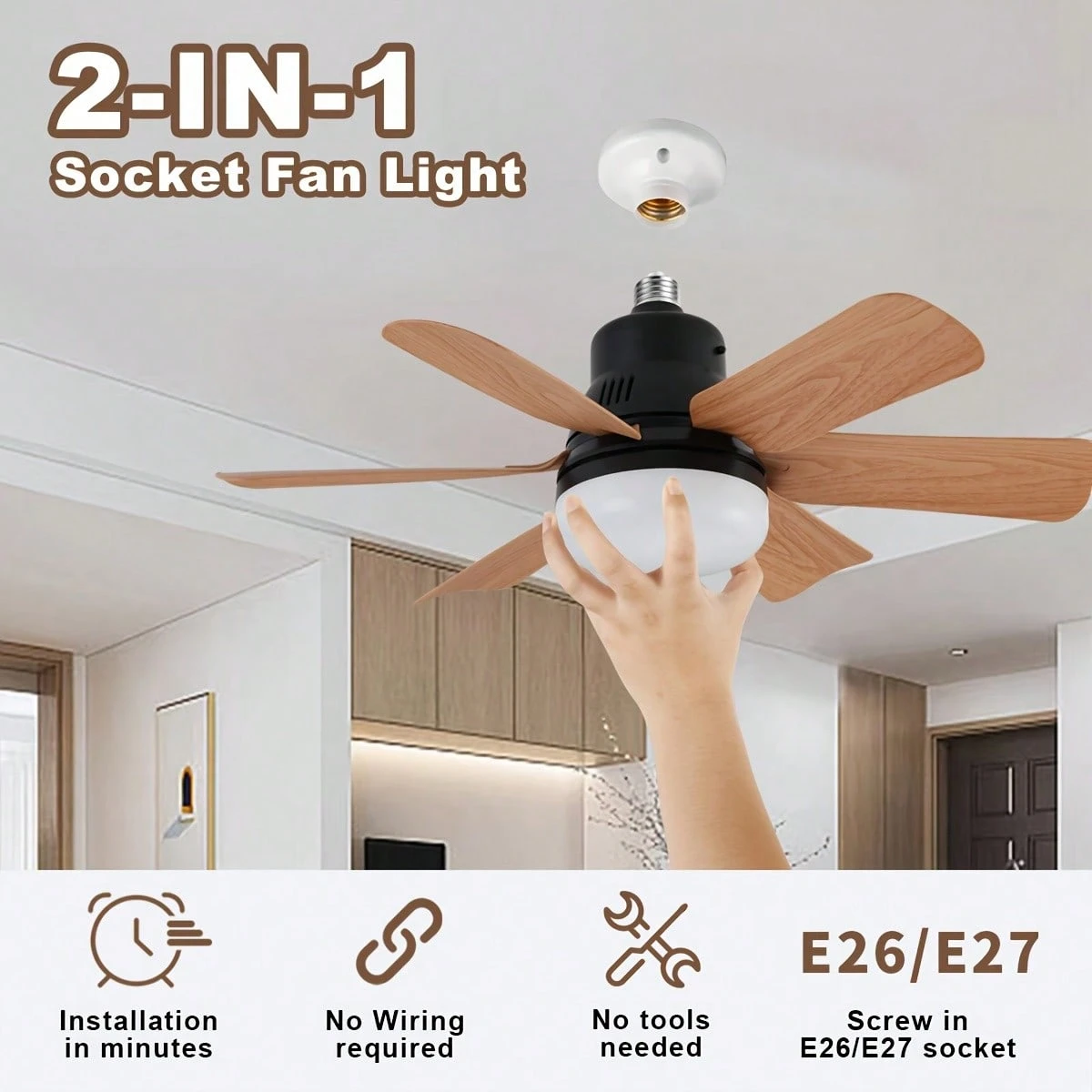 Socket Ceiling Fan With Light, 20.5in ScrewCeiling Fans With Lights,E27 ...
