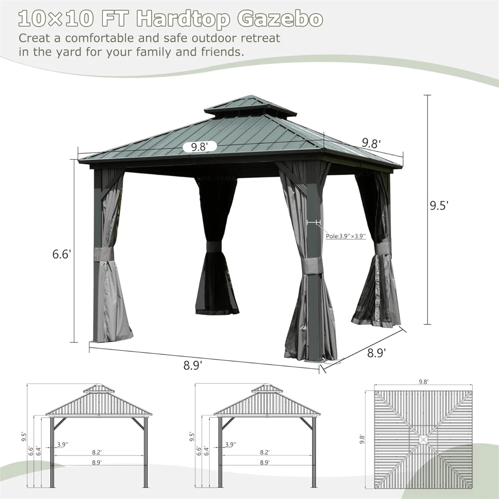 10' X 10' Hardtop Gazebo, Aluminum Metal Gazebo With Galvanized Steel ...