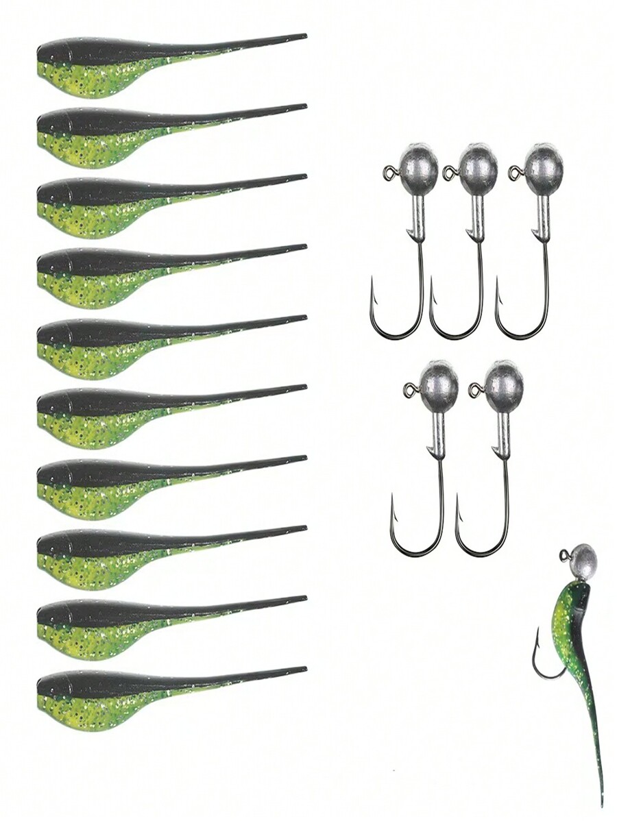5 Tadpole Soft Baits + Lead Head Hooks, Glitter Green Silicone Small ...