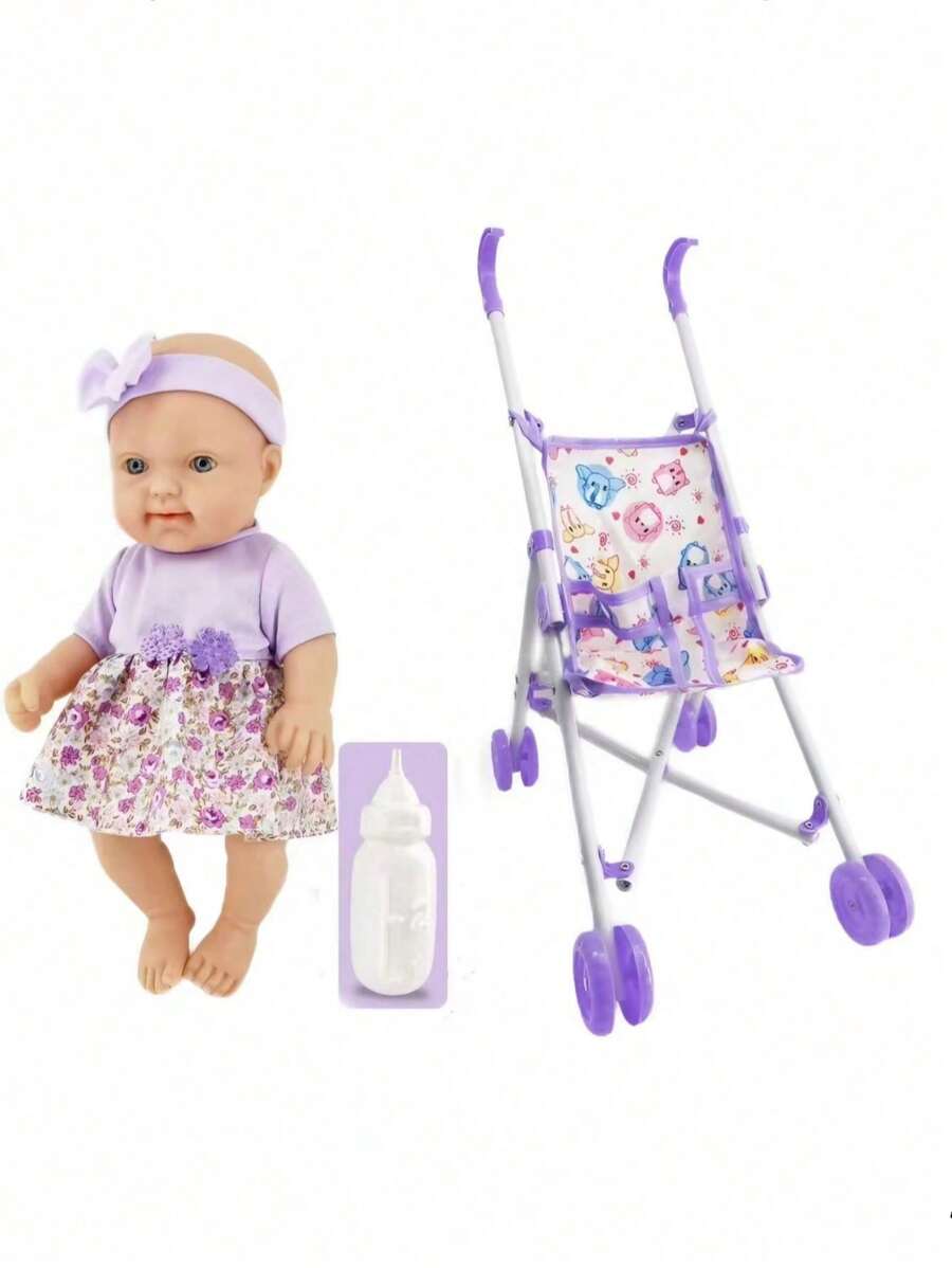 Kids Pretend Play Baby Stroller With Doll Toy Push Cart With Realistic ...