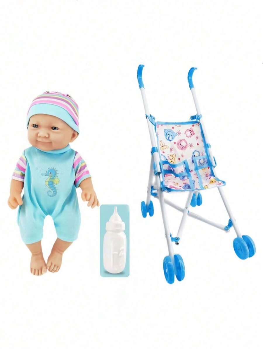 Kids Pretend Play Baby Stroller With Doll Toy Push Cart With Realistic ...