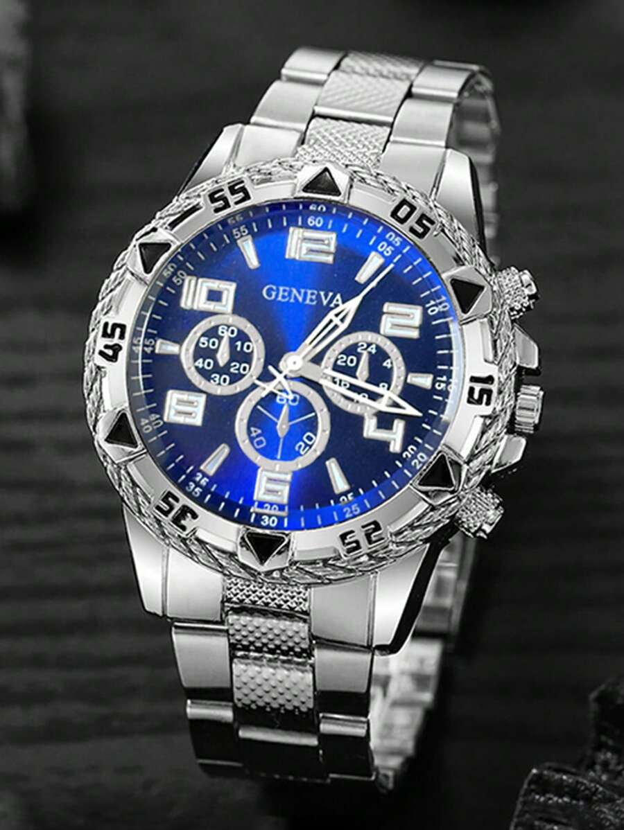 High-End Large Dial 3-Eye Steel Strap Men's Watch With Blue Sapphire ...