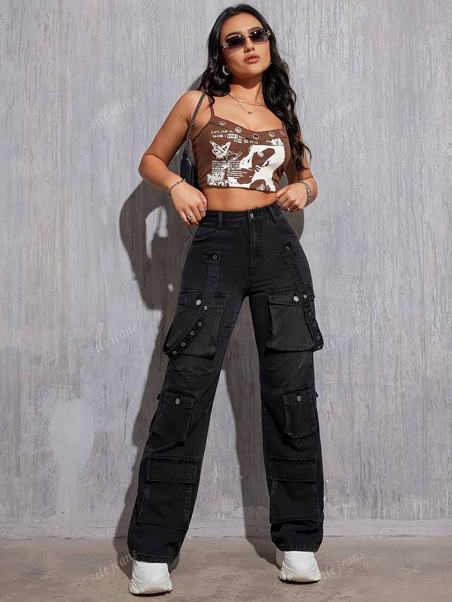 STLT กางเกงคาร์โกเอวสูงผ้ายีนส์ขายตรง ความยืดหยุ่นสูง ลูกไม้รูปแบบเชือก ...