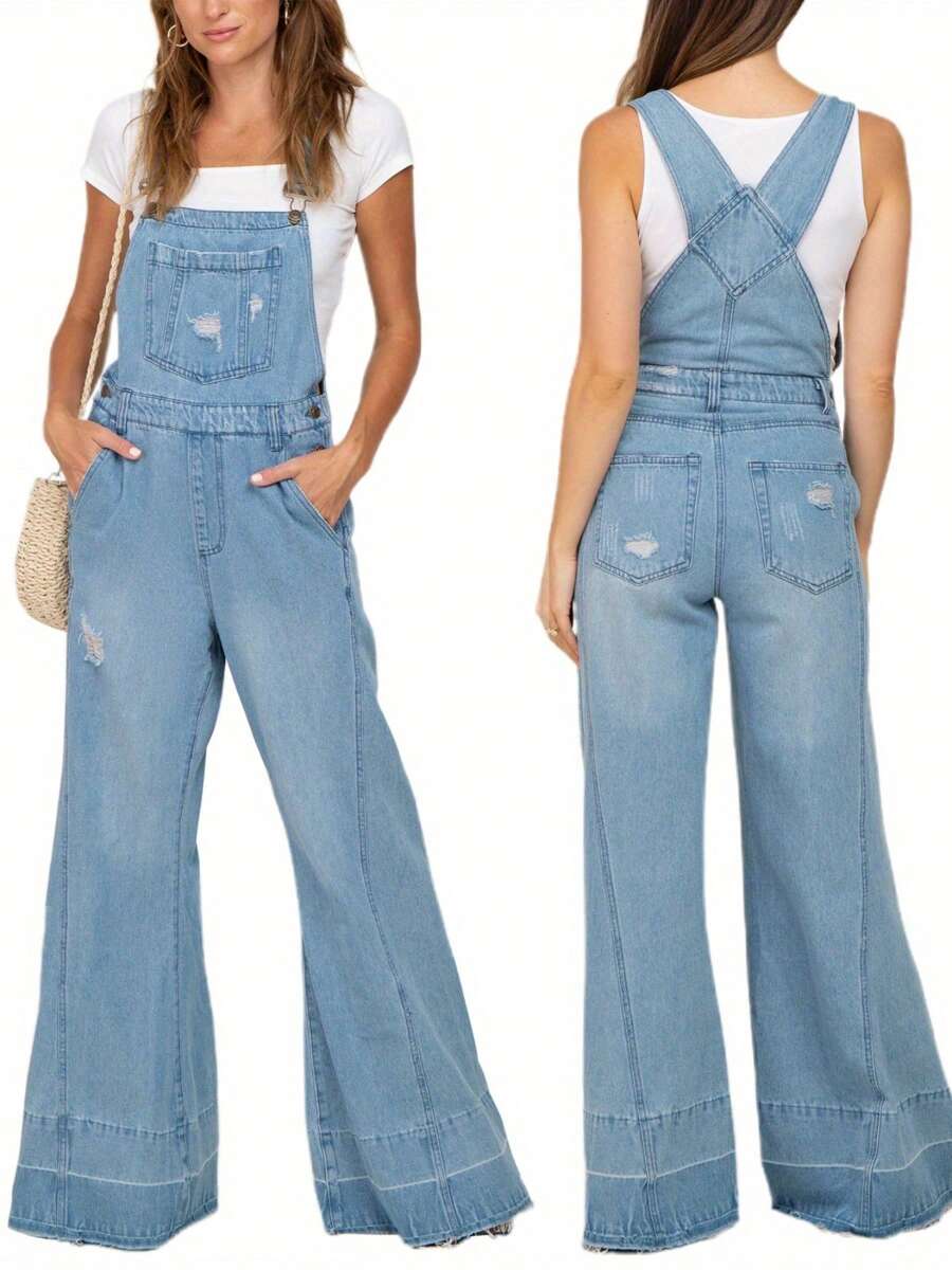 Women Denim Bib Overalls Washed Ripped Baggy Flared Jean Jumpsuit ...