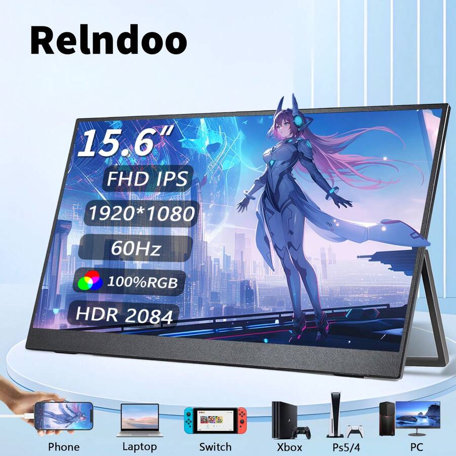 Relndoo Mobile Monitor, Mobile Gaming Monitor 15.6" 1920*1080, Portable ...
