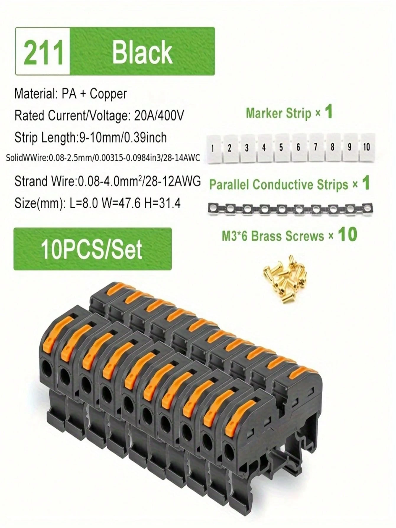 1 Set Of 10pcs Din Rail Terminal Blocks 211 Series Electrical Conductor ...