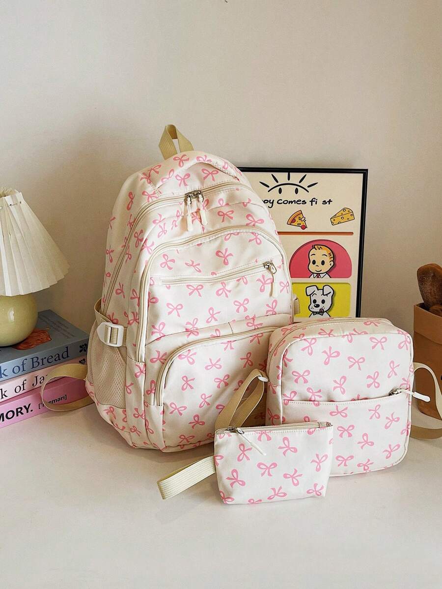 3pcs Nylon Bow Print Backpack Set, Foldable Multi-Pocket Large Capacity ...