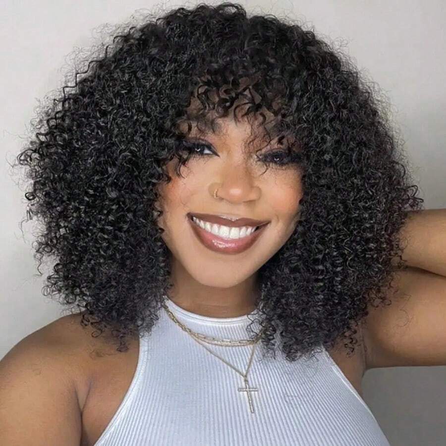Kinky Curly Bob Human Hair Wigs With Bangs Glueless Middle Part Wig