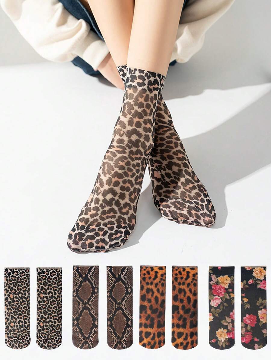 4 Pairs Women Mid-Calf Socks, Tiger, Snake, Leopard & Floral Pattern Sheer Socks, Breathable And ...