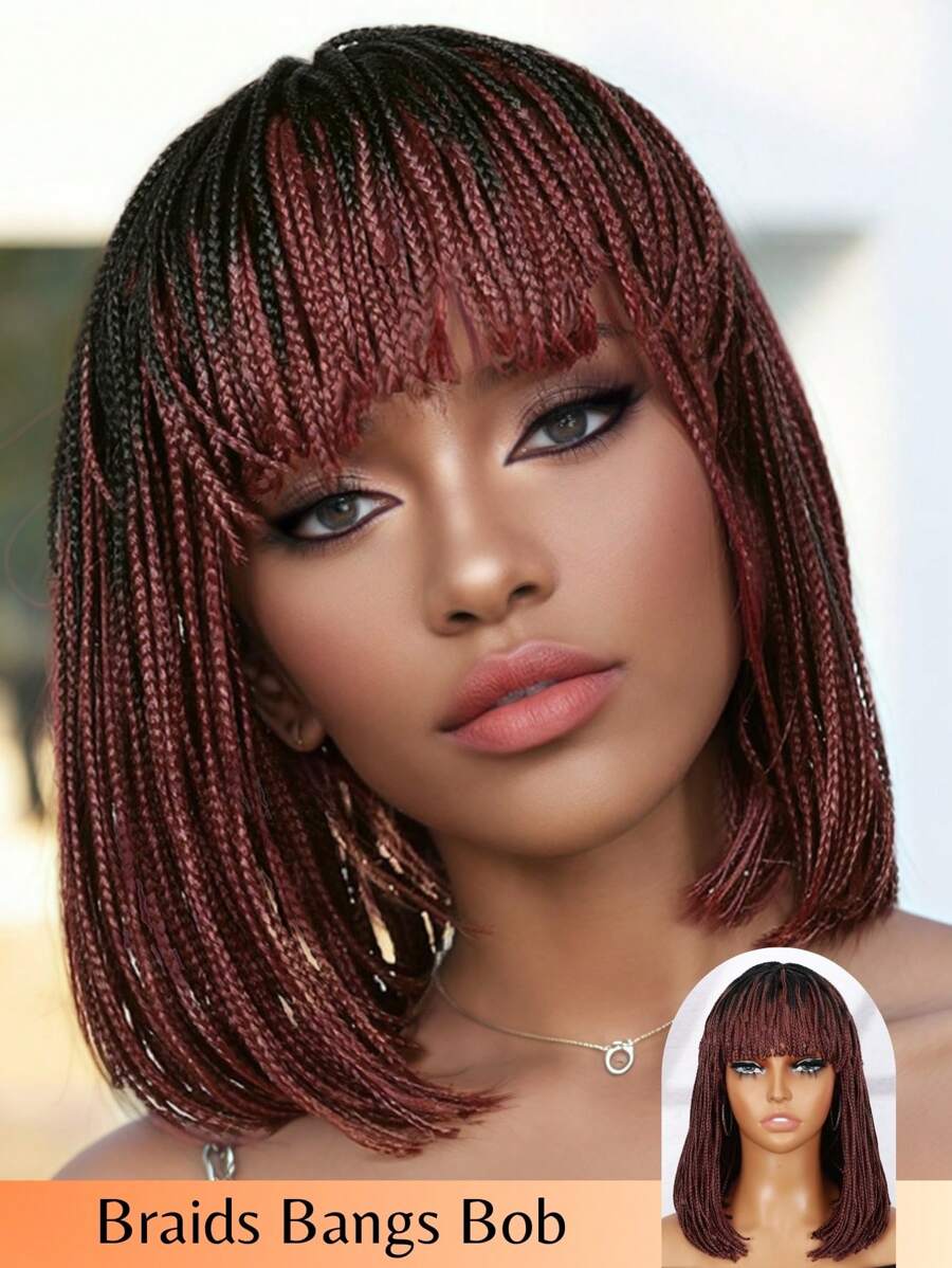 Braided Bob Wigs For Black Women Short Box Braid Wig With Bangs ...