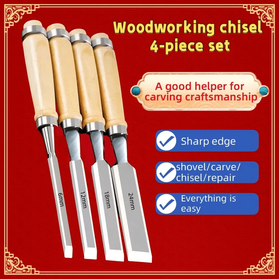 4pcs/Set Carpentry Chisel Set, Chrome Vanadium Steel Woodworking Flat ...