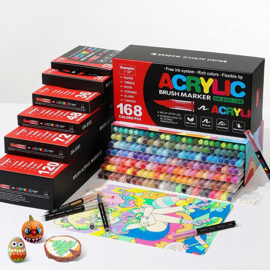 GuangNa 168 Colors Acrylic Marker Pens, Soft Tip, No Pressure Required ...