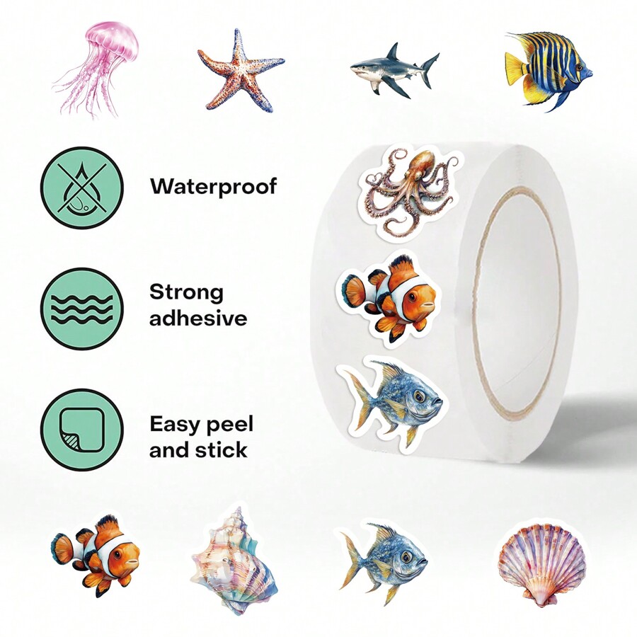 500PCS Sea Animals Stickers Roll 10 Styles Ocean Animal Sticker Sea ...