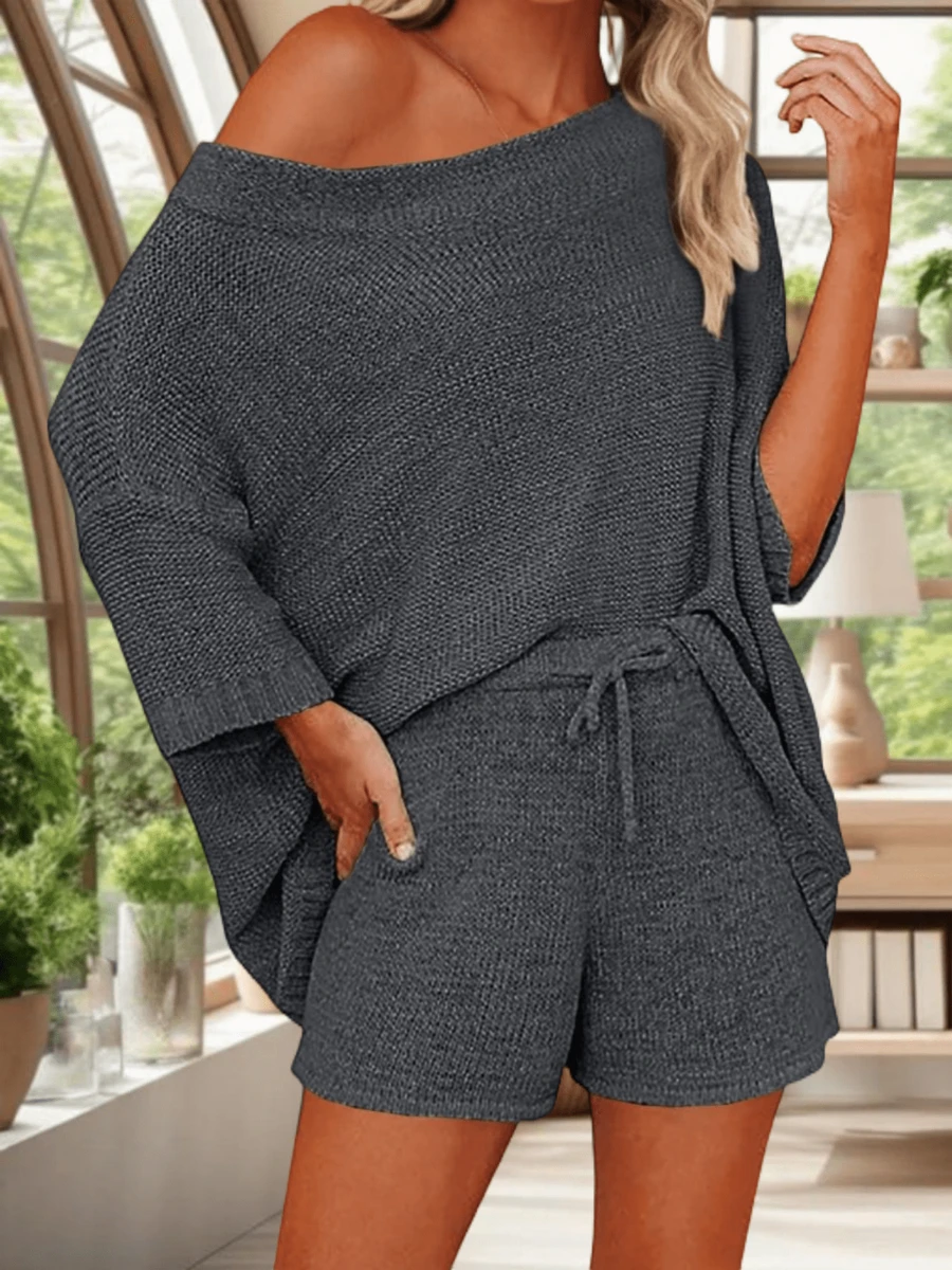 Women's 2 Piece Outfits Sweater Sets Off Shoulder Knit Top Shorts ...