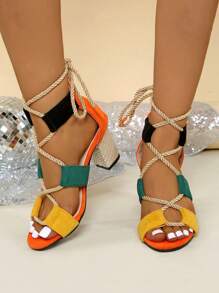Women's Chunky High Heel Sandals Casual Open Toe Peep-Toe Lace-Up Shoes ...