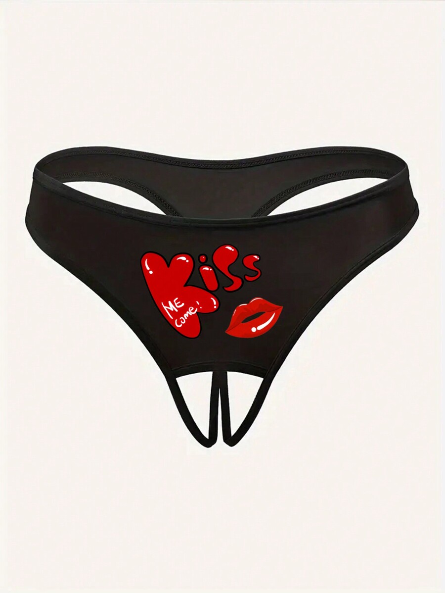 Womens Plus Size Low Waist Comfortable Sexy Lingerie Letter And Red Lip Print Crotchless Thong