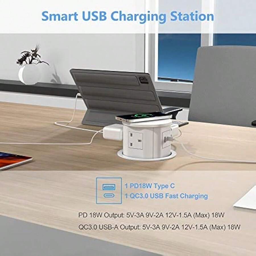 Pop Up Power Socket 15W Wireless Charger PD 20W Type C 4 Way Outlets ...