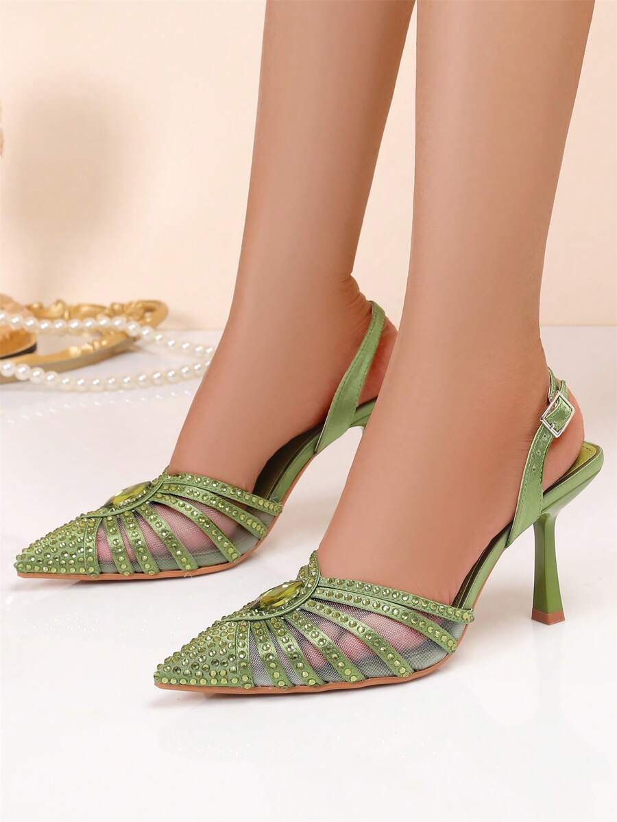 Venus Chan 2025 Novo INS Sapato de Salto Alto com Mesh de Strass na Cor ...