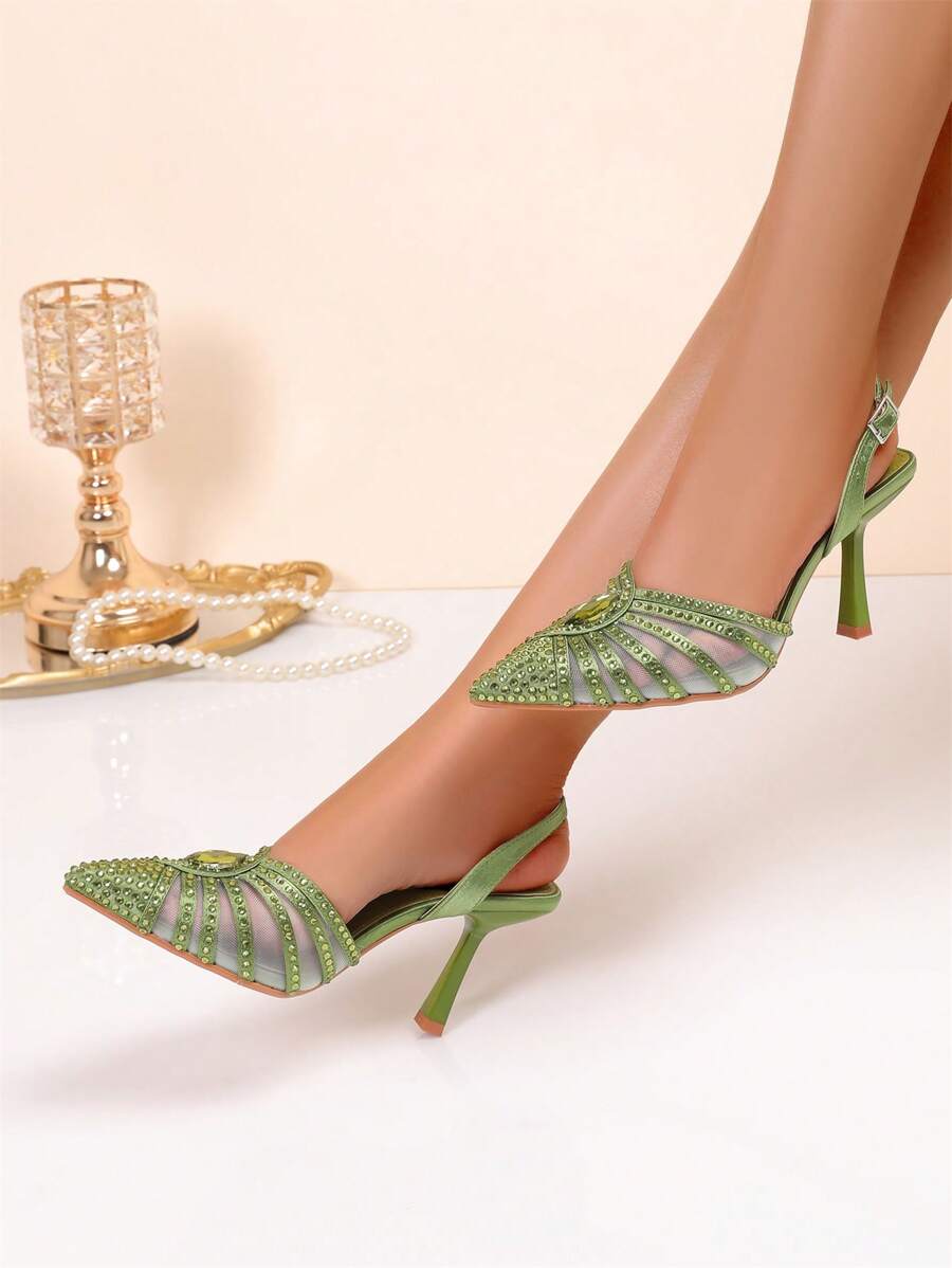 Venus Chan 2025 New INS Olive Green Color Rhinestone Mesh High Heels ...