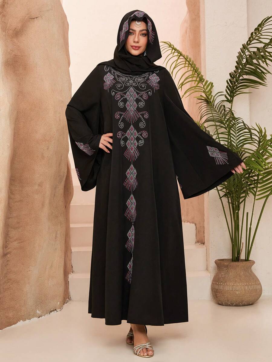 New Modest Round Neck Long Sleeve Arab Abaya Robe With Rhinestones ...